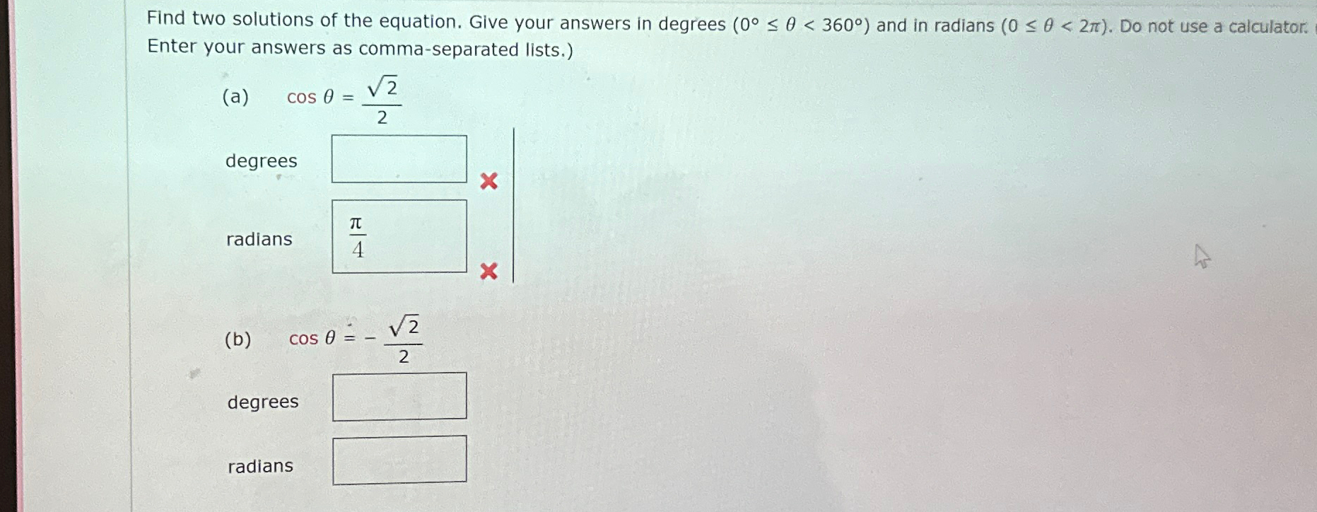 Solved Find two solutions of the equation. Give your answers | Chegg.com