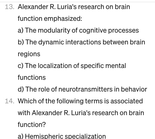 Solved Alexander R. ﻿Luria's research on brain function | Chegg.com