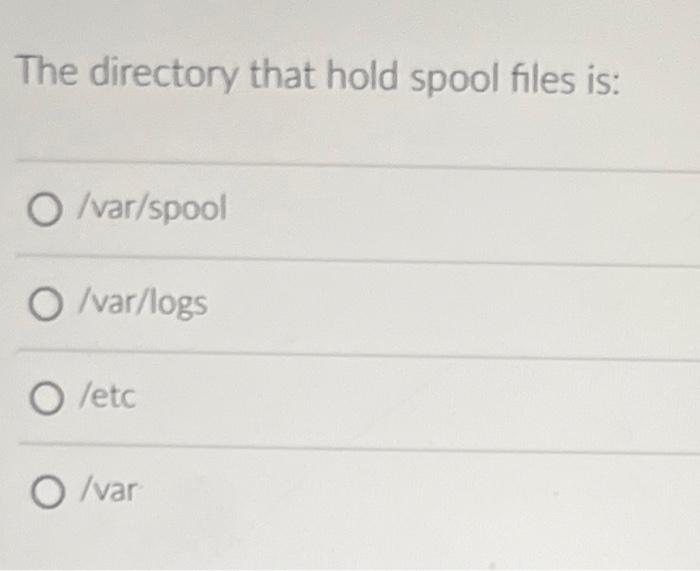 Solved The directory that hold spool files is: /var/spool | Chegg.com