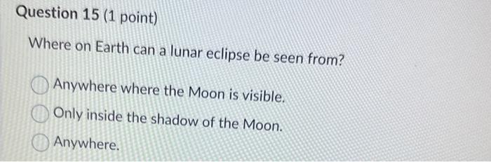 Solved Where on Earth can a lunar eclipse be seen from? | Chegg.com