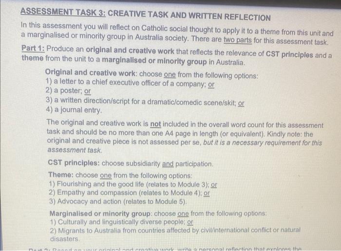 SSESSMENT TASK 3: CREATIVE TASK AND WRITTEN | Chegg.com