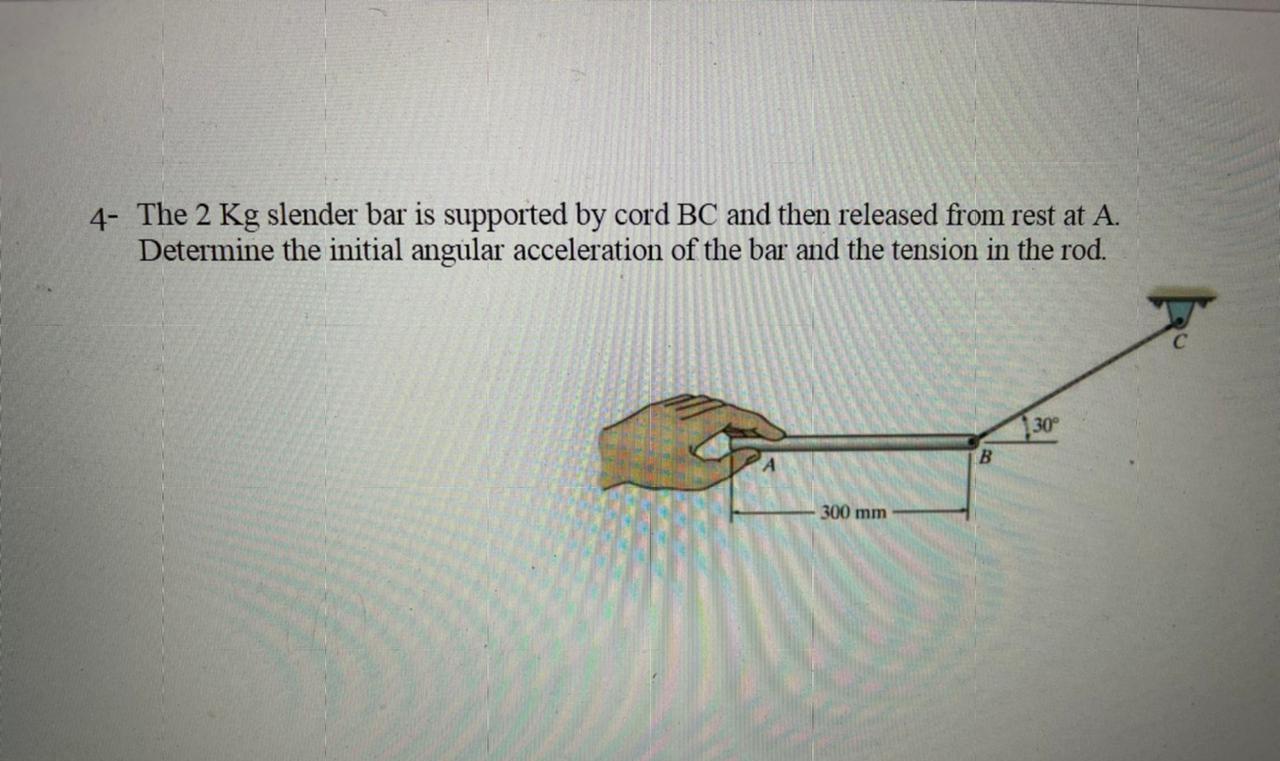 Solved 4- The 2 Kg slender bar is supported by cord BC and | Chegg.com