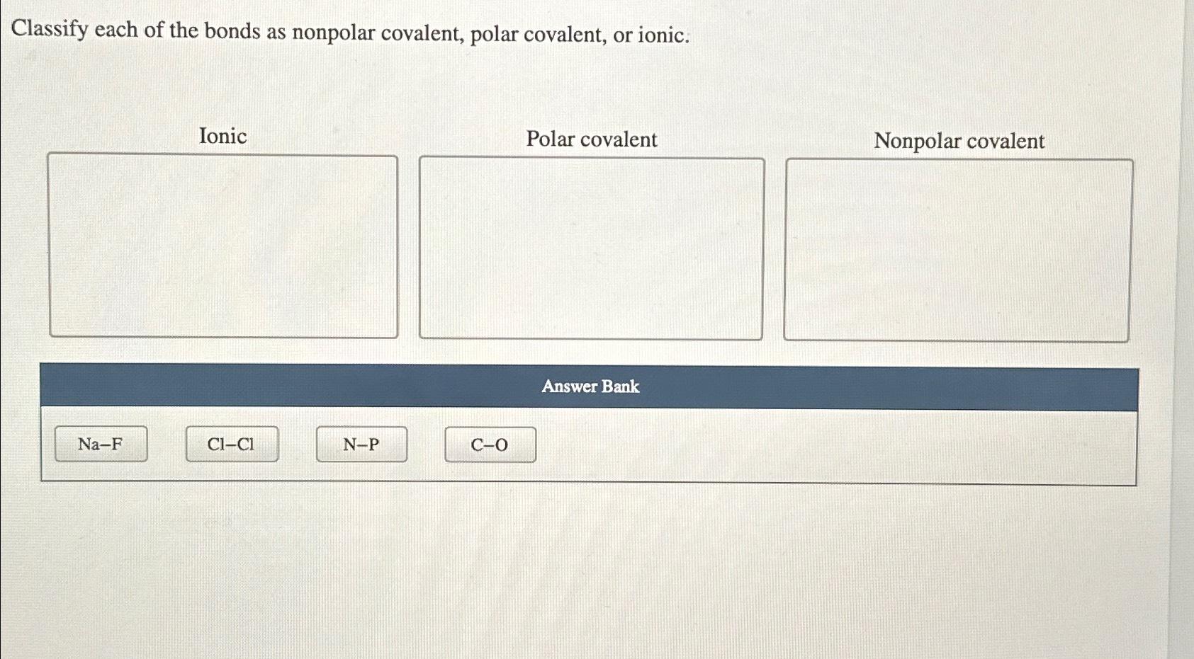 Solved Classify each of the bonds as nonpolar covalent, | Chegg.com