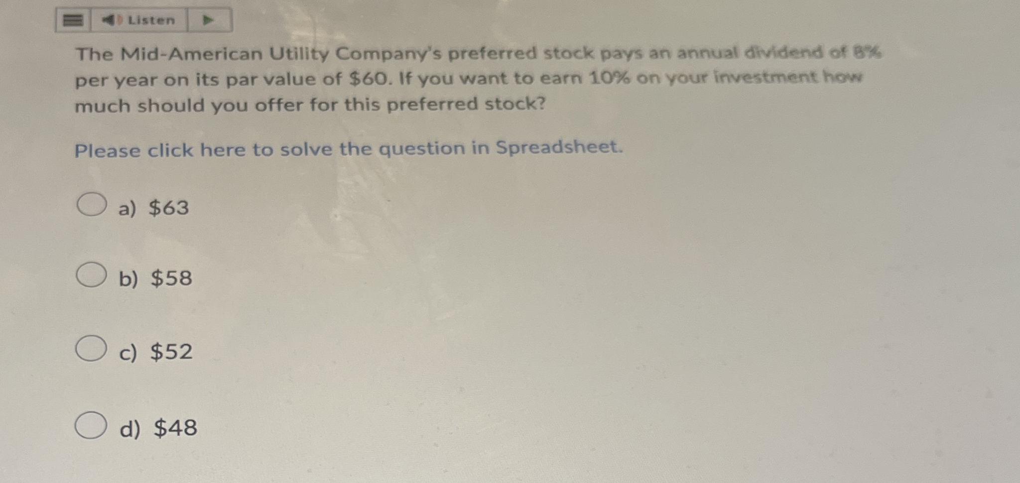 Solved ListenThe Mid-American Utility Company's preferred | Chegg.com