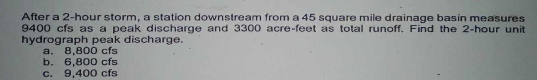 Solved After a 2-hour storm, a station downstream from a 45 | Chegg.com