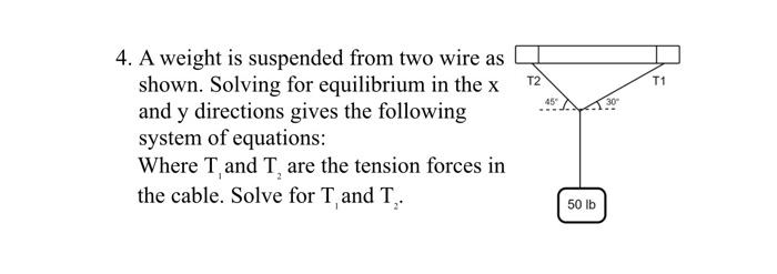 Solved 4. A weight is suspended from two wire as shown. | Chegg.com