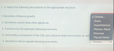 Solved 1- 5. ﻿Match the following descriptions to the | Chegg.com