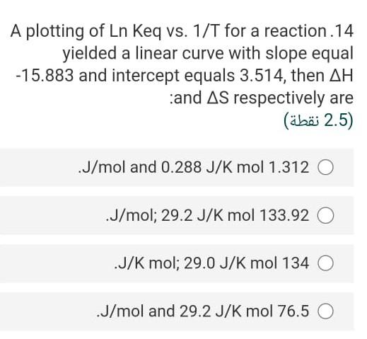 Solved A plotting of Ln Keq vs. 1/T for a reaction.14 | Chegg.com