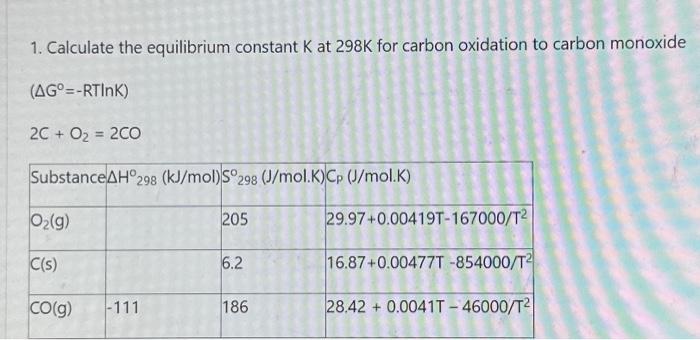 Solved 1 Calculate The Equilibrium Constant K At 298k For