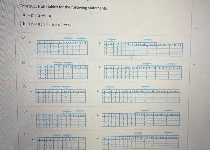 Solved Construct truth tables for the following statements. | Chegg.com