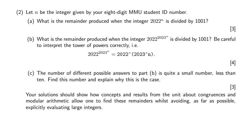 Solved 2) Let n be the integer given by your eight-digit MMU | Chegg.com