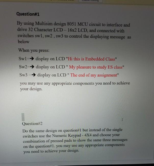Question#1 By using Multisim design 8051 MCU circuit | Chegg.com