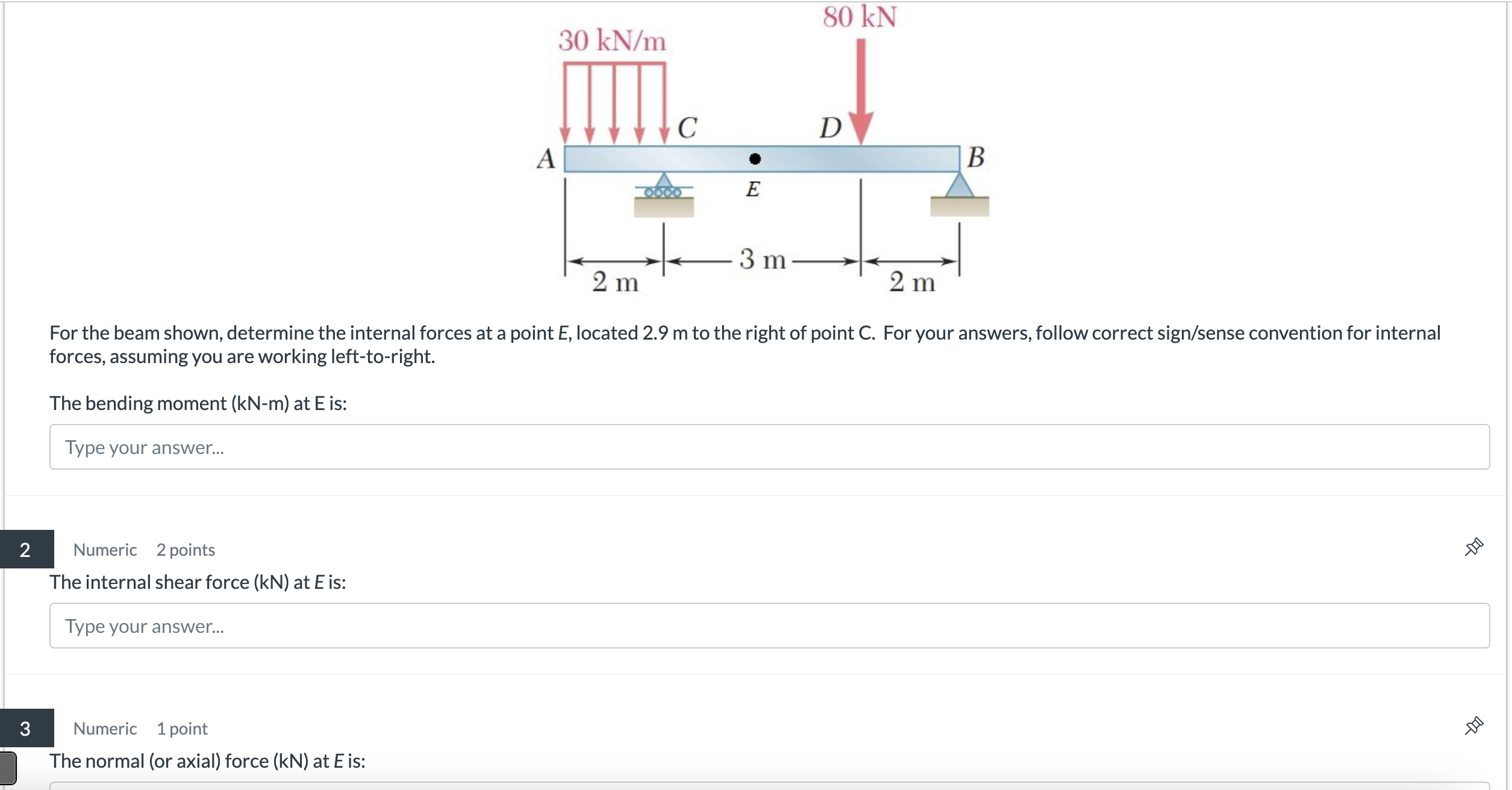 Solved For the beam shown, determine the internal forces at | Chegg.com