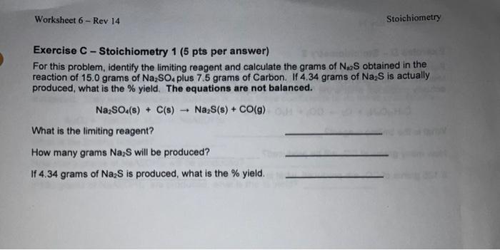 Solved Exercise C-Stoichiometry 1 (5 pts per answer) For | Chegg.com
