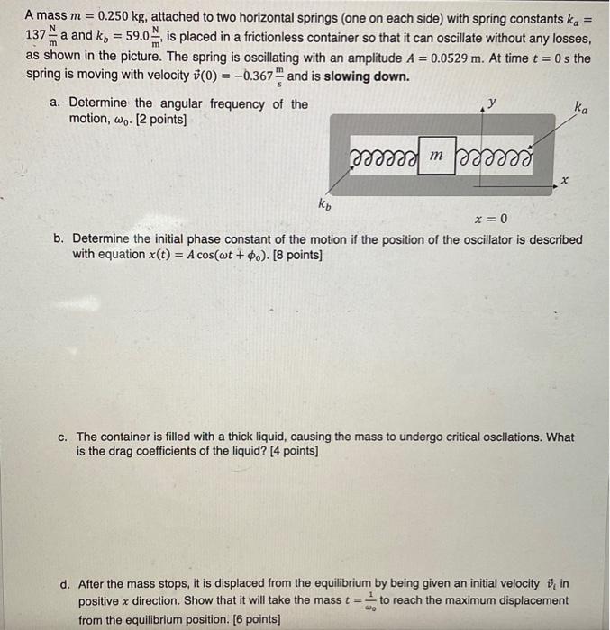 Solved A mass m=0.250 kg, attached to two horizontal springs | Chegg.com