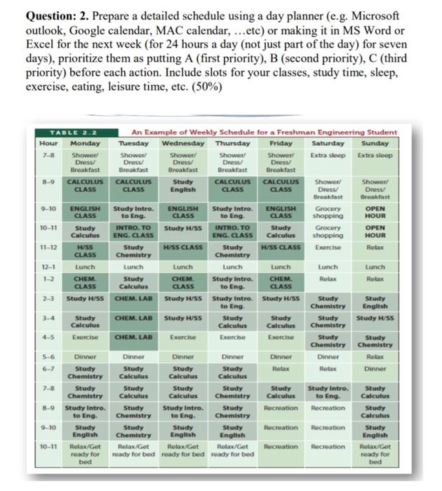 Question: 2. Prepare a detailed schedule using a day | Chegg.com
