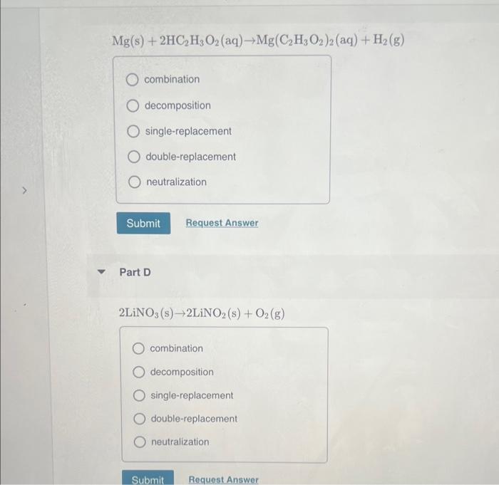 Solved Mg(s)+2HC2H3O2(aq)→Mg(C2H3O2)2(aq)+H2( g) combination | Chegg.com