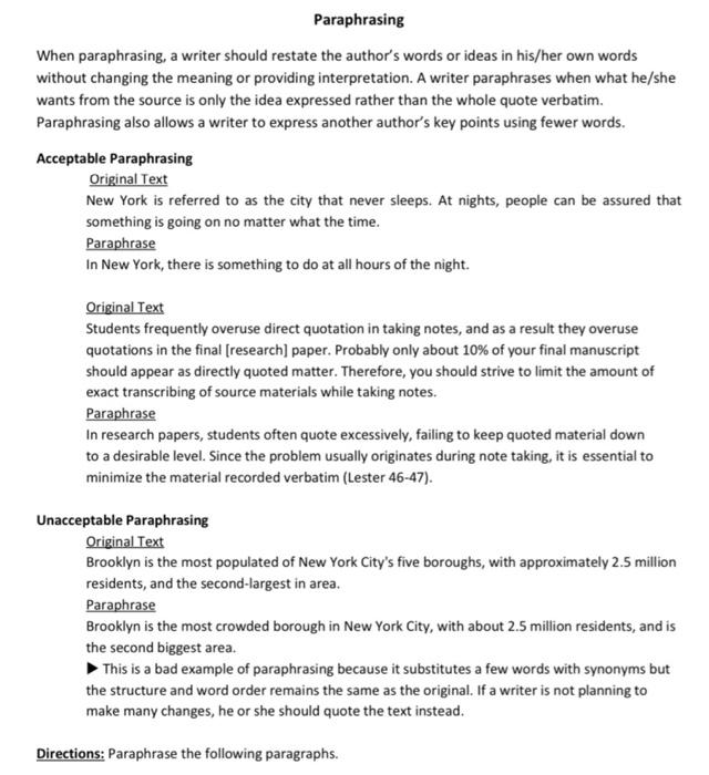 Paraphrasing When paraphrasing, a writer should | Chegg.com