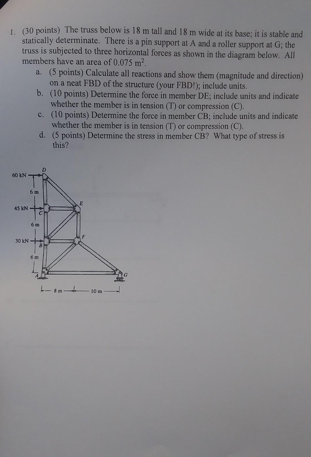 Solved 1. (30 points) The truss below is 18 m tall and 18 m | Chegg.com