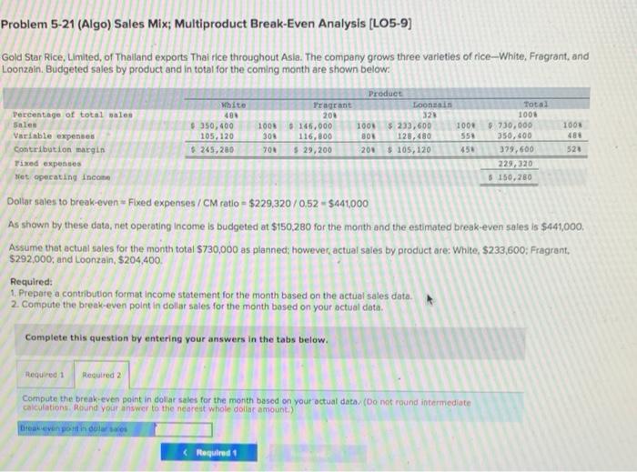 Solved Problem 5-21 (Algo) Sales Mix; Multiproduct | Chegg.com