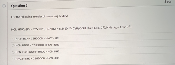 Solved List the following in order of increasing acidity: | Chegg.com