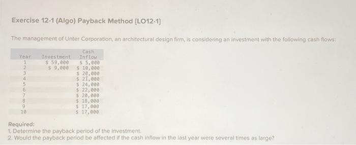 Solved Exercise 12-1 (Algo) Payback Method [LO12-1] The | Chegg.com