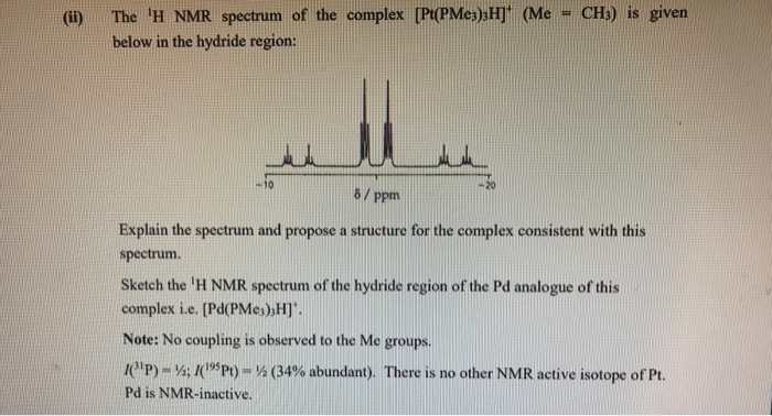 Solved (i) The 'H NMR spectrum of the complex [Pt(PMe3)3H]* | Chegg.com