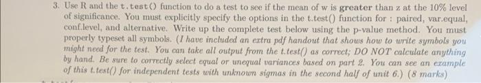 3. Use R and the t.test() function to do a test to | Chegg.com