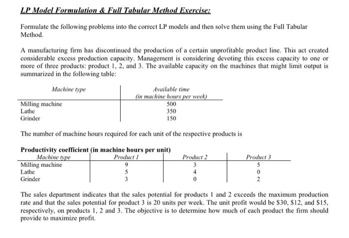 Lp Model Formulation And Full Tabular Method Exercise