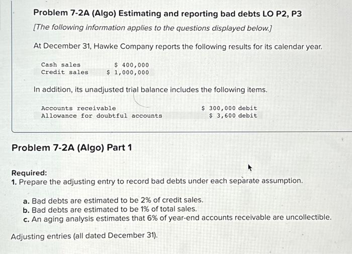 Solved Problem 7-2A (Algo) Estimating and reporting bad | Chegg.com