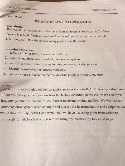 PROCESS TECHNOLOGY TROUBLESHOOTING Lesson 3.2 | Chegg.com