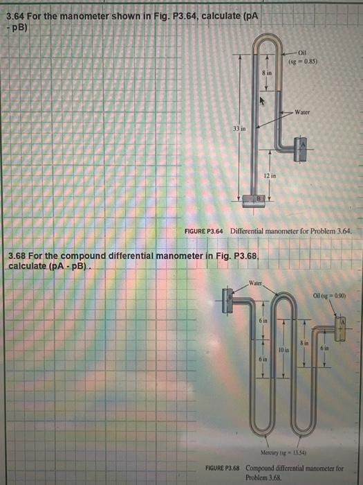 Solved 3.64 For the manometer shown in Fig. P3.64, calculate | Chegg.com Solved 3.64 For the manometer shown in Fig. P3.64, calculate | Chegg.com