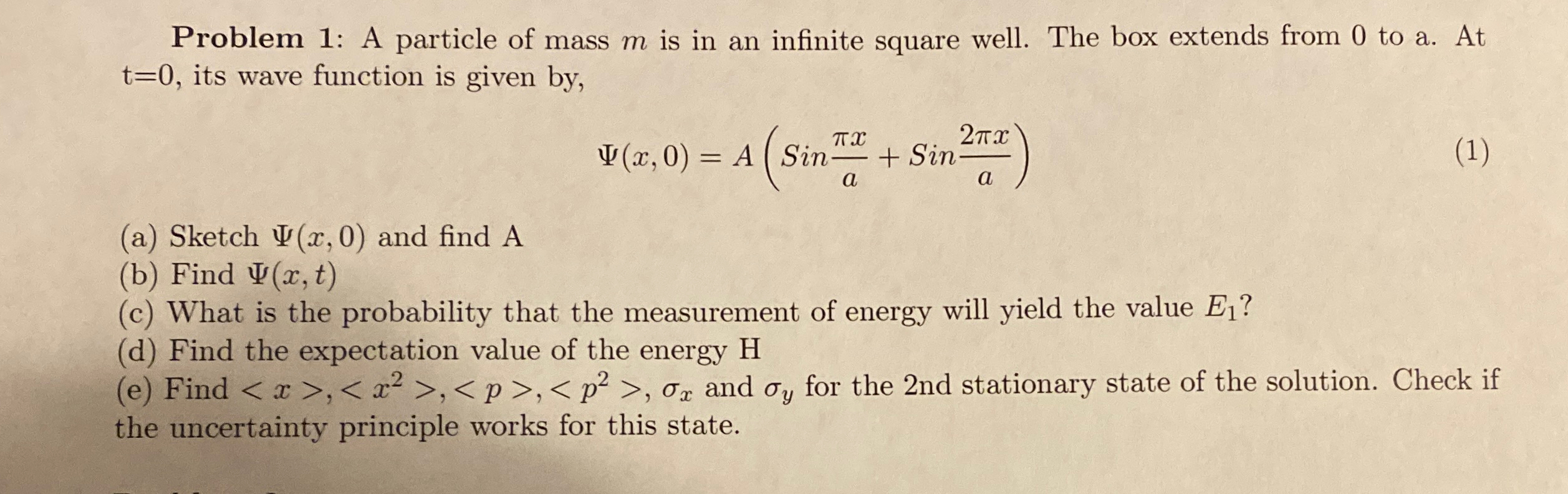 Solved Problem 1: A particle of mass m ﻿is in an infinite | Chegg.com