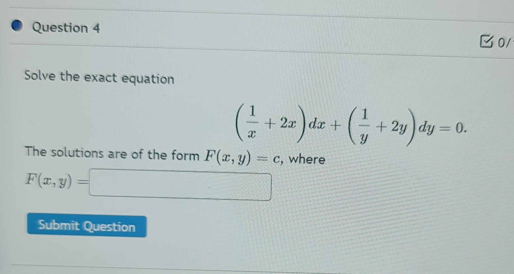 Solved Solve the exact equation (x1+2x)dx+(y1+2y)dy=0 The | Chegg.com