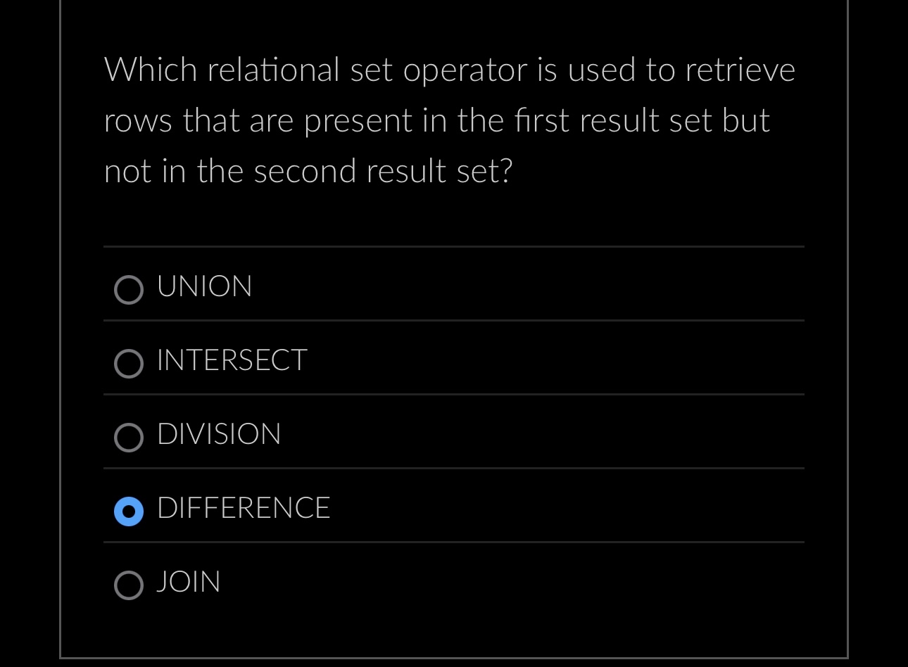 Solved Which relational set operator is used to retrieverows | Chegg.com