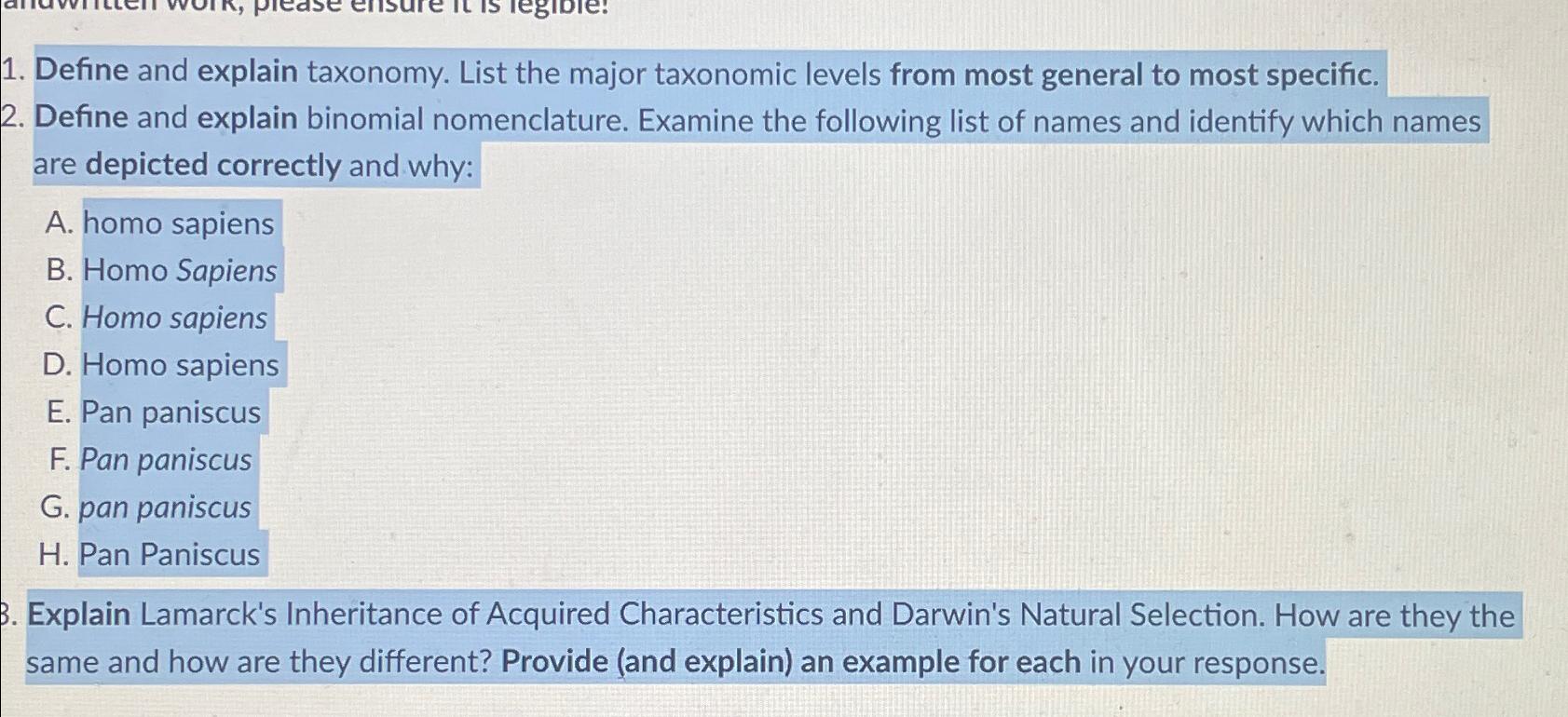 Solved Define and explain taxonomy. List the major taxonomic | Chegg.com