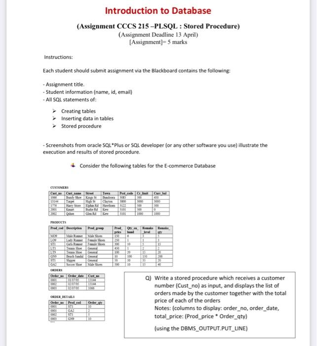 Solved Introduction to Database (Assignment CCCS 215-PLSQL: | Chegg.com