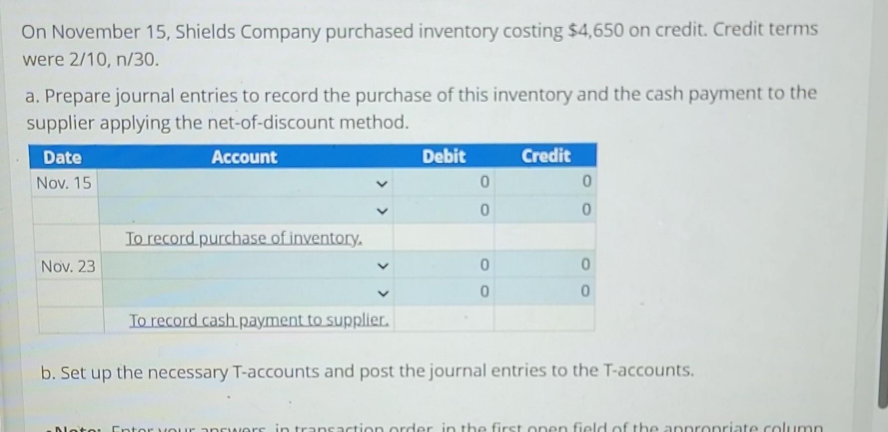 Solved On November 15 , Shields Company purchased inventory | Chegg.com