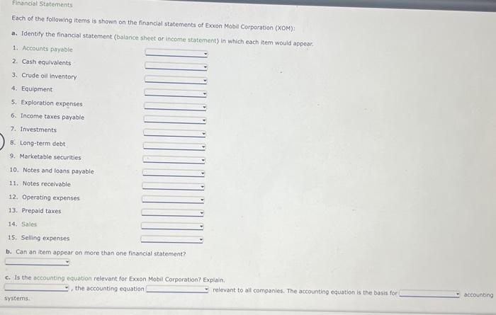 Solved Each of the following items is shown on the financial | Chegg.com