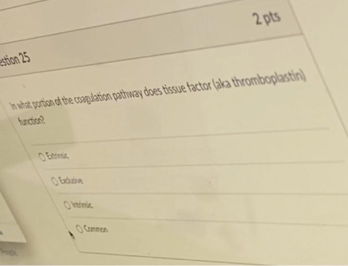 Solved 2 pts estion 25 In what portion of the coagulation | Chegg.com