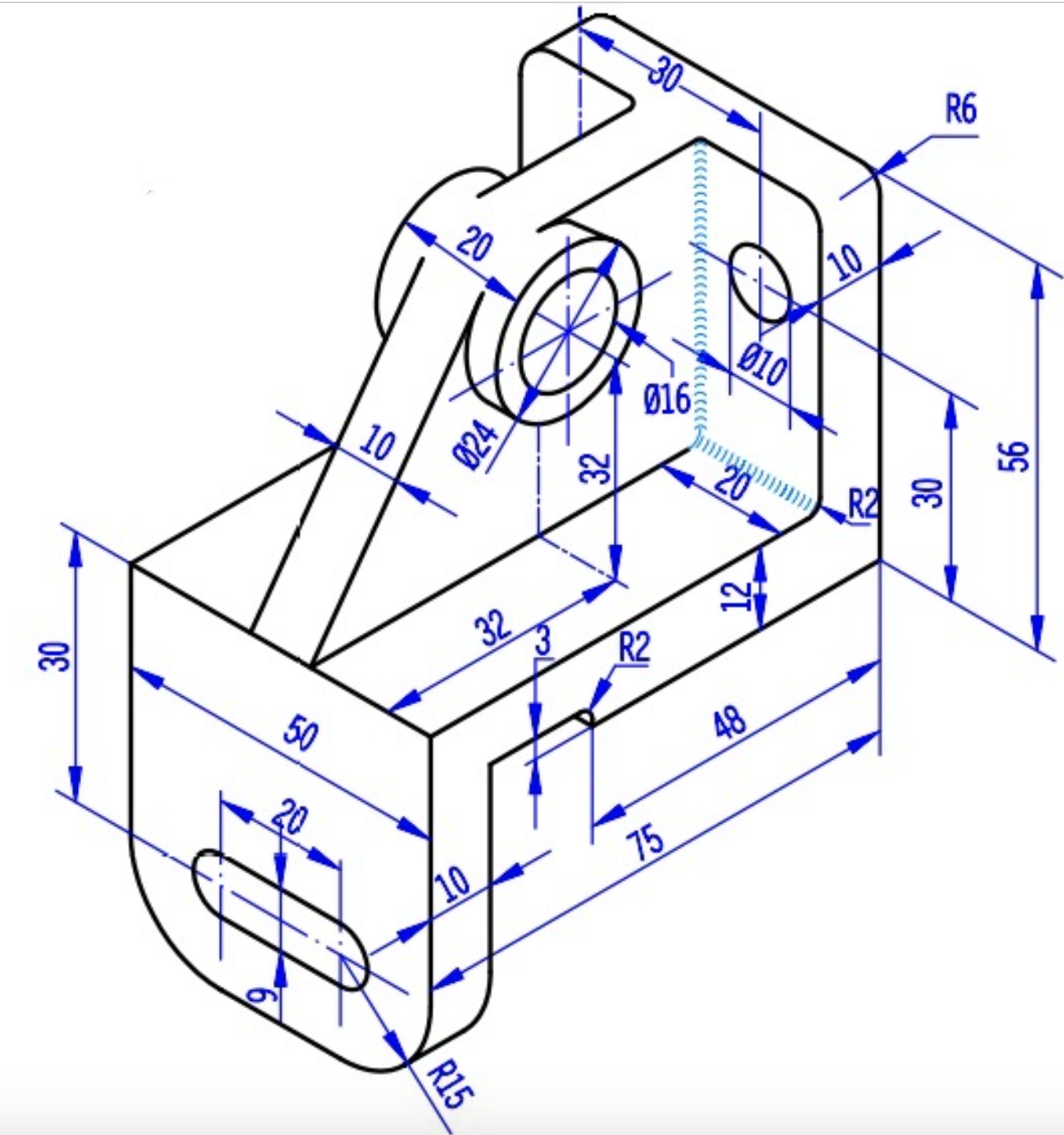 Solved Draw the 3 ﻿views of the attached part. Front view of | Chegg.com