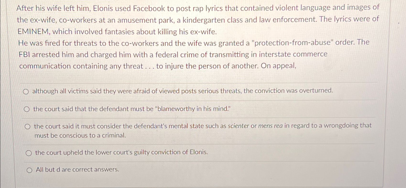 Solved After his wife left him, Elonis used Facebook to post | Chegg.com