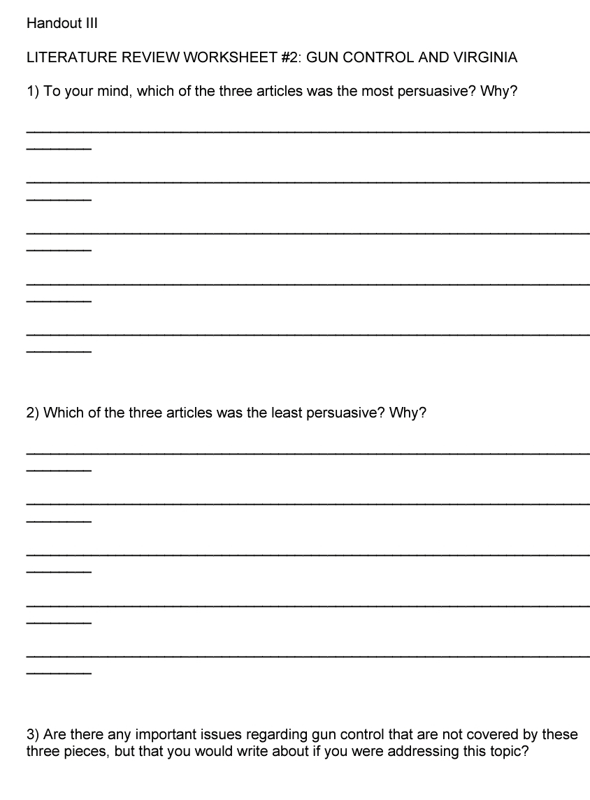 Solved Handout III - ﻿Literature Review Worksheet #2: Gun | Chegg.com