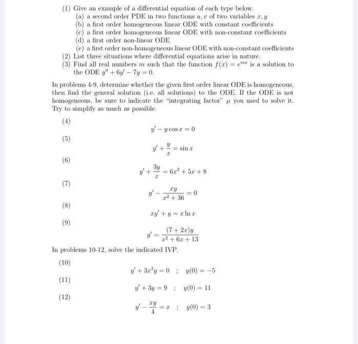 Solved (1) Give an example of a differential equation of | Chegg.com