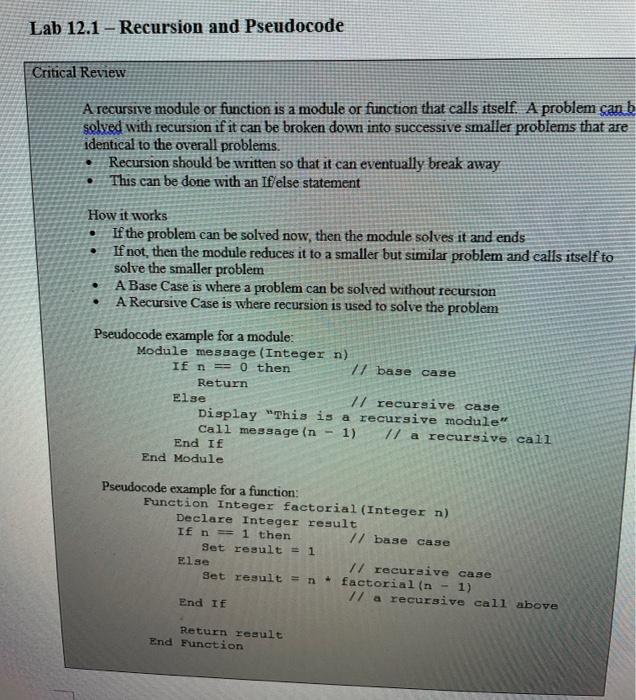 Solved Lab 12.1 - Recursion and Pseudocode Critical Review A | Chegg.com