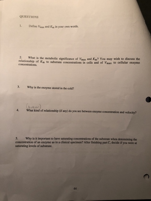 Solved QUESTIONS 1. Define Vmax and Km in your own words. 2. | Chegg.com