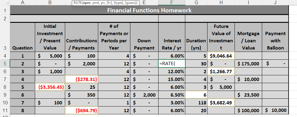 1. (0-5pts) ﻿Write an Excel function in cell F5 | Chegg.com