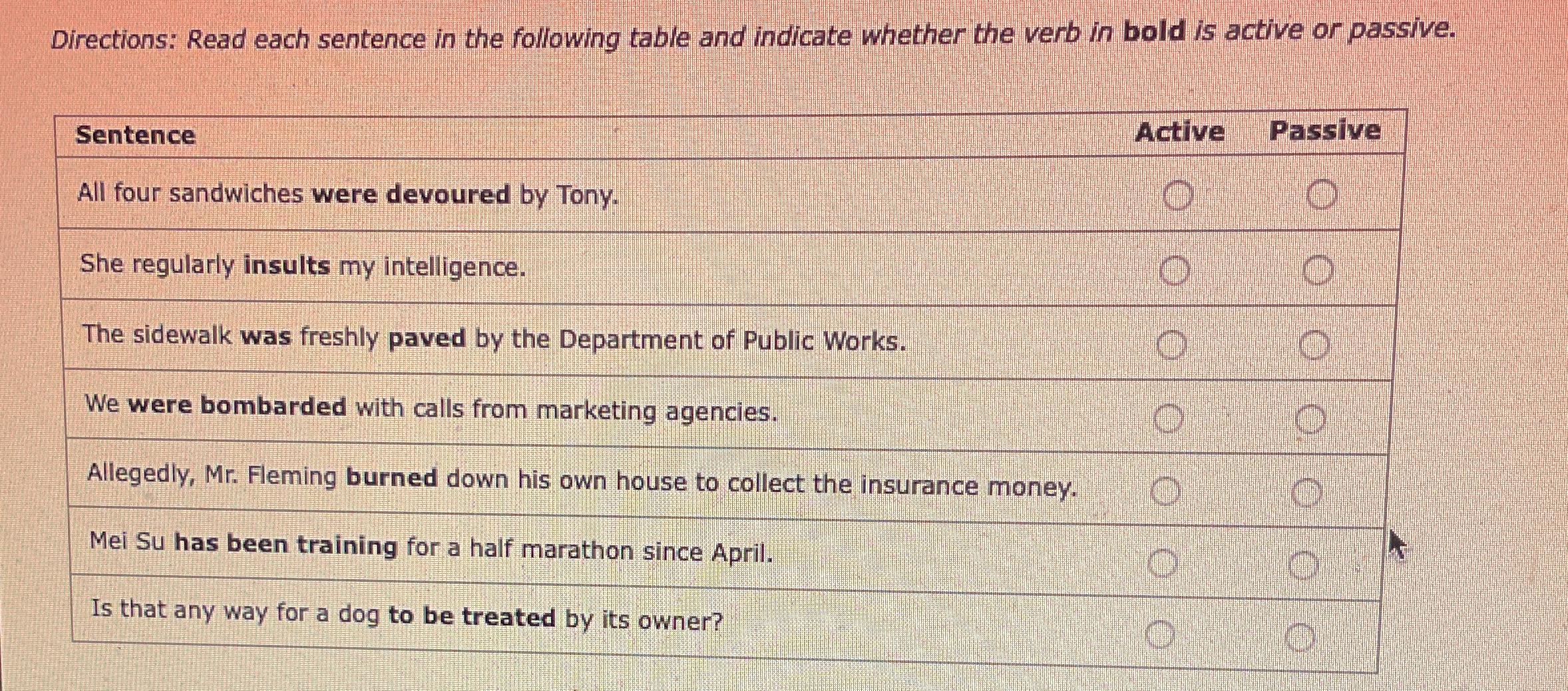 Solved Directions: Read each sentence in the following table | Chegg.com