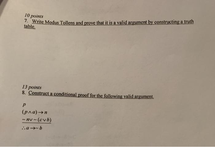 Solved 10 points 7. Write Modus Tollens and prove that it is | Chegg.com
