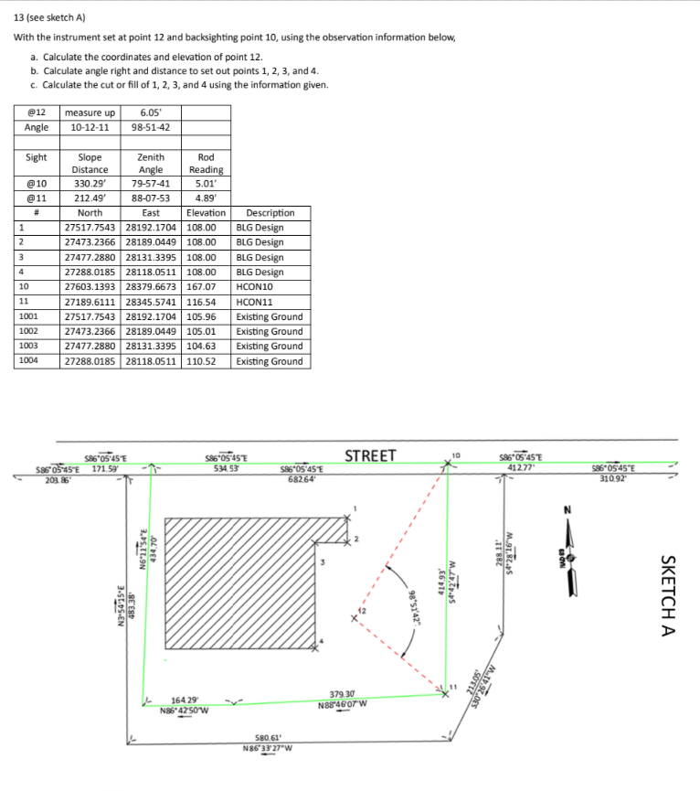 Solved 13 (see sketch A)With the instrument set at point 12 | Chegg.com